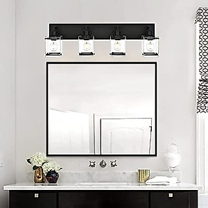 MELUCEE 4-Light Vanity Lights for Bathroom, Industrial Indoor Wall Sconces Black Bathroom Lighting with Rectangular Clear Glass Shade for Kitchen Hallway Living Room, 31.3 Inches Length