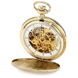 Charles-Hubert, Paris 3906-G Premium Collection Gold-Plated Stainless Steel Satin Finish Hunter Case Mechanical Pocket Watch