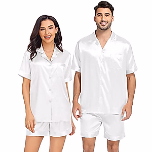 SWOMOG Couple Matching Pajamas Set Satin Short Sleeve Sleepwear Silky Pj Set for Women Button-Down Two-Pieces Nightwear