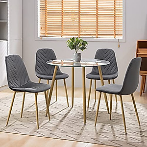 Nopurs Glass Dining Table Set for 4 - Modern Round Kitchen Dining Room Sets V-Shaped Upholstered Chairs with Metal Legs for Kitchen Dining Room Breakfast Nook, Dark Grey