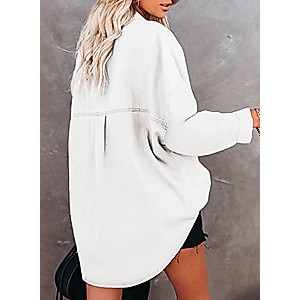 Dokotoo Shacket Jacket Women V Neck Roll Up Long Sleeve Pocket Denim Jean Jacket Shirts Shacket Casual Solid Boyfriend Button Down Blouses with Bust Pockets White L