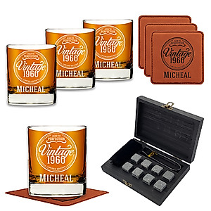 Froolu Personalized Vintage Scotch Whiskey Glasses - Customize Name & Year - 4 Premium Vintage Designs - Gift for Dad, Brother, Son, Husband - Great for Birthday, Anniversary, Christmas - Etched