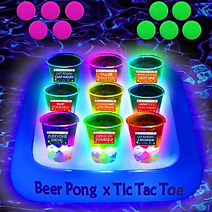 23*23 Inch Glowing Beer Pong Pool Party Rack Tic Tac Toe Floating Rafts, Swimming Pool Pong Party Game Drinking Game and Drink Holder, Includes 1 Rafts 9 Cups and 10 Pong Balls, Flashing Color 1