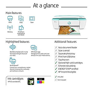 HP DeskJet 3755 Compact All-in-One Wireless Scanner Printer Copier with Wifi Printing, HP Instant Ink, Use for Home and Office Printing, 3 in 1, Built-in Wifi Printers - Seagrass Accent (Renewed)