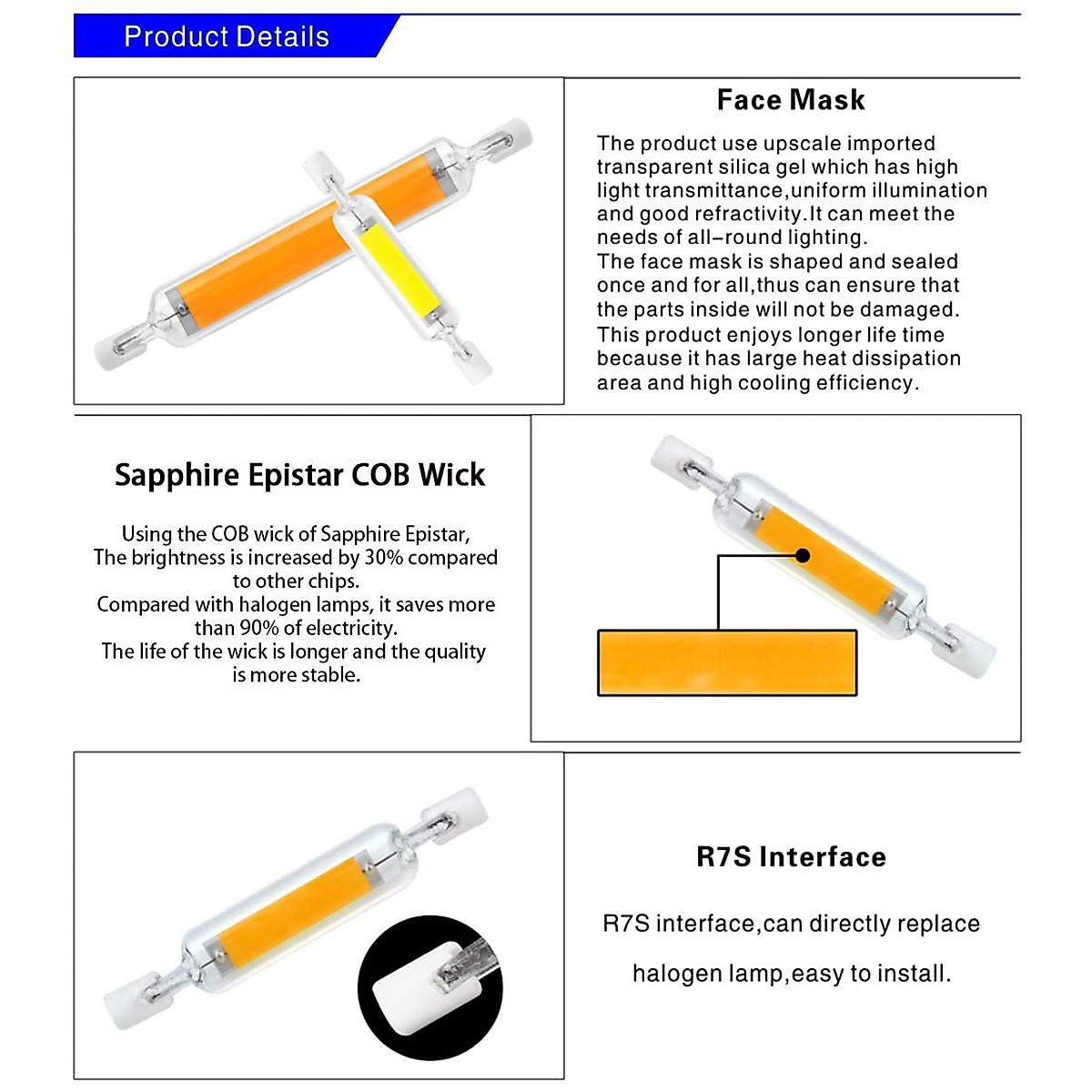 TOWBEBER R7s LED Bulb 78mm, 10W Double Ended J Base T3 LED Replacement for Halogen Light Bulbs 100W, Sapphire Epistar 3rd Generation 1000lm COB LED 3000K Warm White Light CRI 85 (3PCS)