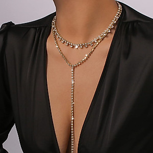 Missgrace 2 Tier Sexy Bar Nightclubs Necklaces Gold Y Long Rhinestones Love Choker Necklace Sparkly Jewerly Wedding Party Prom Bar Necklace Accessories for Women (Gold)