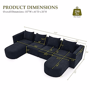 KIVENJAJA Modular Sectional Sofa, U-Shaped Couch with Double Chaise & Pillows, Modern Minimalist Boucle Fabric Large Comfy Cloud Sofas, Living Room Furniture Sets, 117 inch, Black