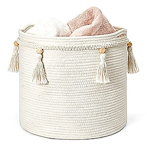 Mkono Macrame Decorative Cotton Rope Basket Boho Cute Woven Tassel Closet Storage Bins Organizer for Nursery,Baby Toys,Blankets,Magazines, Potted Plants Cover,Living Room,Bedroom Home Decor 15"x 14"