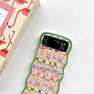 GO-VOLMON Curly Wave Frame Case for Samsung Galaxy Z Flip 5 Checker and Flower Print, Cute Woman Case for Galaxy Z Flip 5 Kawaii Beads Strap, Soft Floral Girly Case for Z Flip 5 Lovely and Fashion