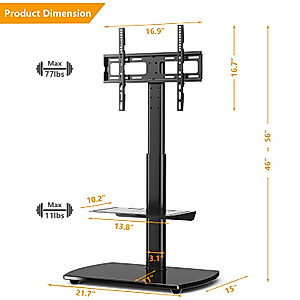 5Rcom Universal TV Floor Stand with 2 Shelves for 27 32 37 42 47 50 55 65 inch Tall LCD LED Flat or Curved Screens TVs Skinny TV Stand with Swivel Mount and Height Adjustable, Black