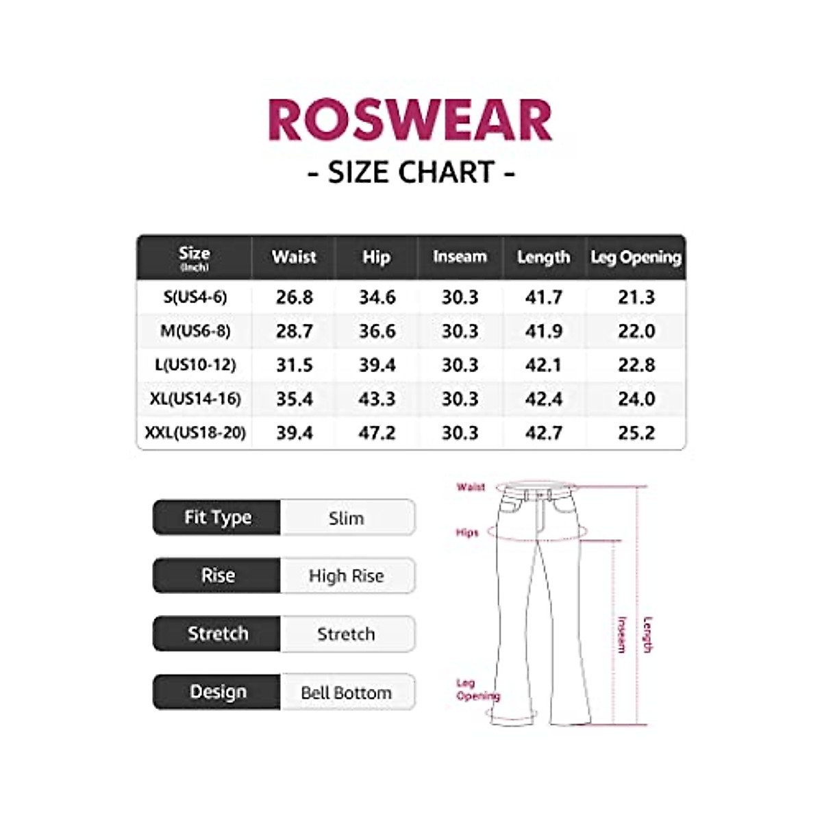 roswear Women’s High Waisted Bell Bottom Stretch Ripped Curvy Flare Jeans White Large