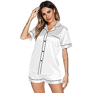 SWOMOG Women's Silk Satin Pajamas Set Soft Top and Shorts Button Down Pj Set 2 Piece Sleepwear White