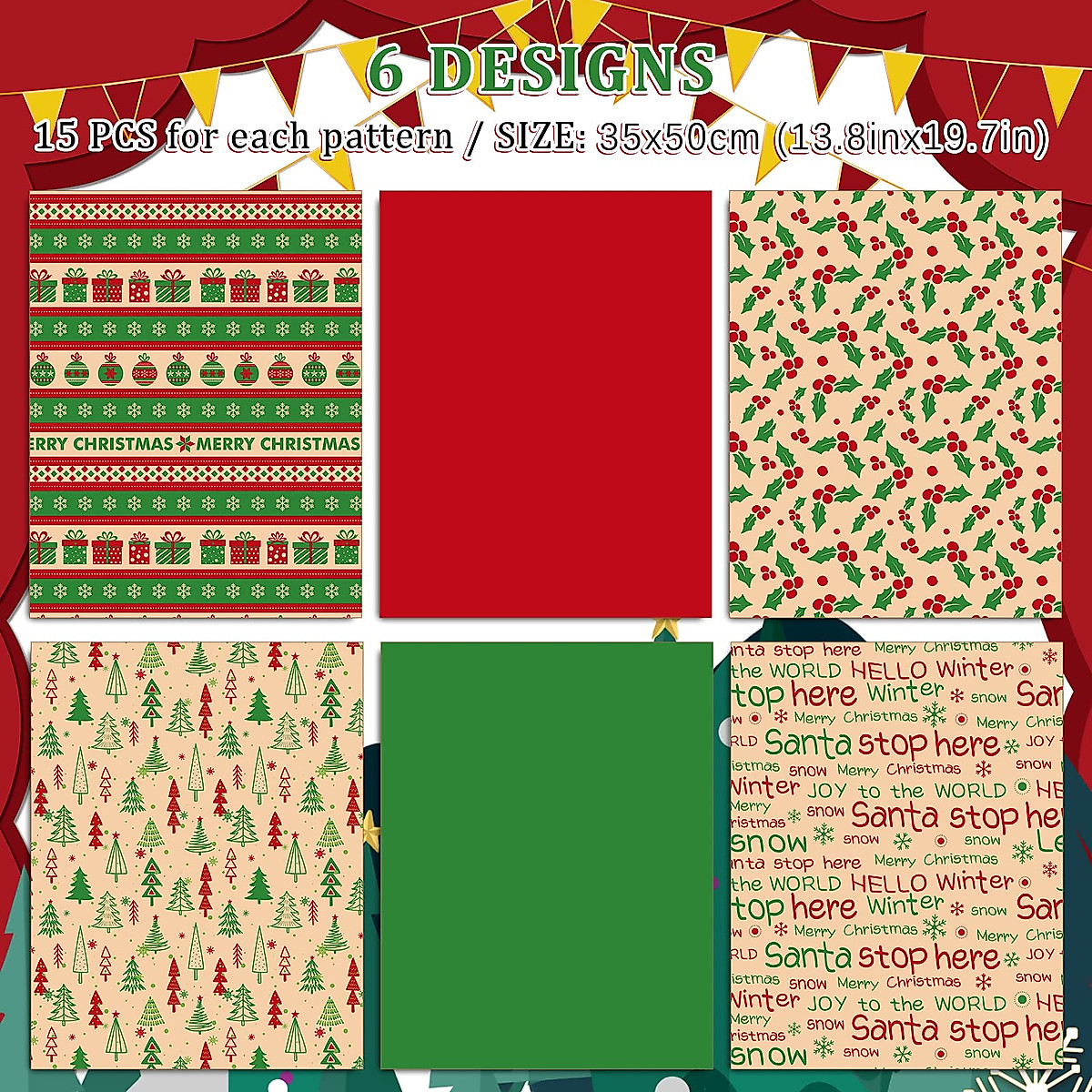Whaline Christmas Tissue Paper Kraft Xmas Red Green Wrapping Paper 19.7 x 13.8 Inch Assorted Xmas Tree Holly Berry Christmas Tissue Paper for Gift Bags Holiday DIY Crafts Decor, 90 Sheet