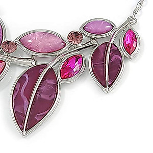 Avalaya Statement Purple/Magenta Glass, Crystal Leaf Necklace and Drop Earrings In Rhodium Plating - 40cm L/ 8cm Ext