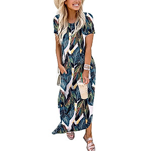 ANRABESS Women's Summer Casual Loose Short Sleeve Long T Shirt Dress Split Maxi Beach Sundress Travel Vacation Outfits Leaf Print X-Large