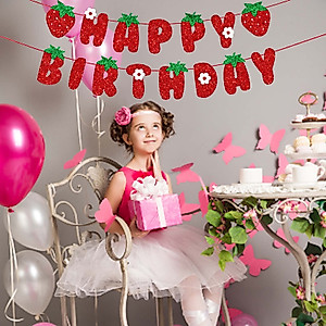 BIEUFBJI Strawberry Happy Birthday Banner, Glitter Strawberry Banner, Strawberry Theme Birthday Garland for Birthday Party Hanging Decorations