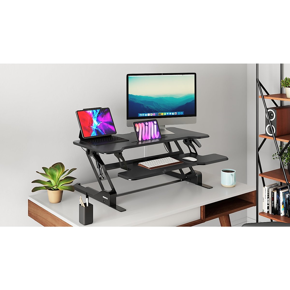 Mount-It! Height Adjustable Standing Desk Converter, 38” Wide, Stand Up Desk Riser for 2 Monitors, Manual Gas Spring Desktop Raises to 16.9", Fits Two Monitor Screens with Keyboard Mouse Tray in Black