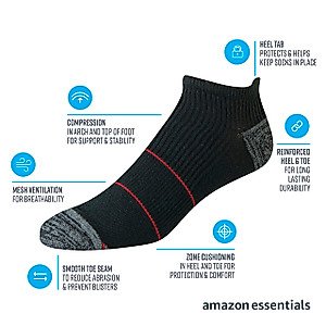 Amazon Essentials Men's Performance Zone Cushion Athletic Tab Socks, 6 Pairs, White, 6-12