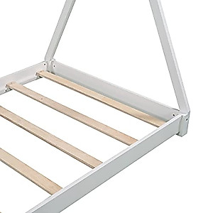 Twin House Bed, Floor Bed, Tent Bed, Wood Platform Bed Frame with Roof for Toddlers Kids Boys Girls Teens, No Box Spring Needed – White