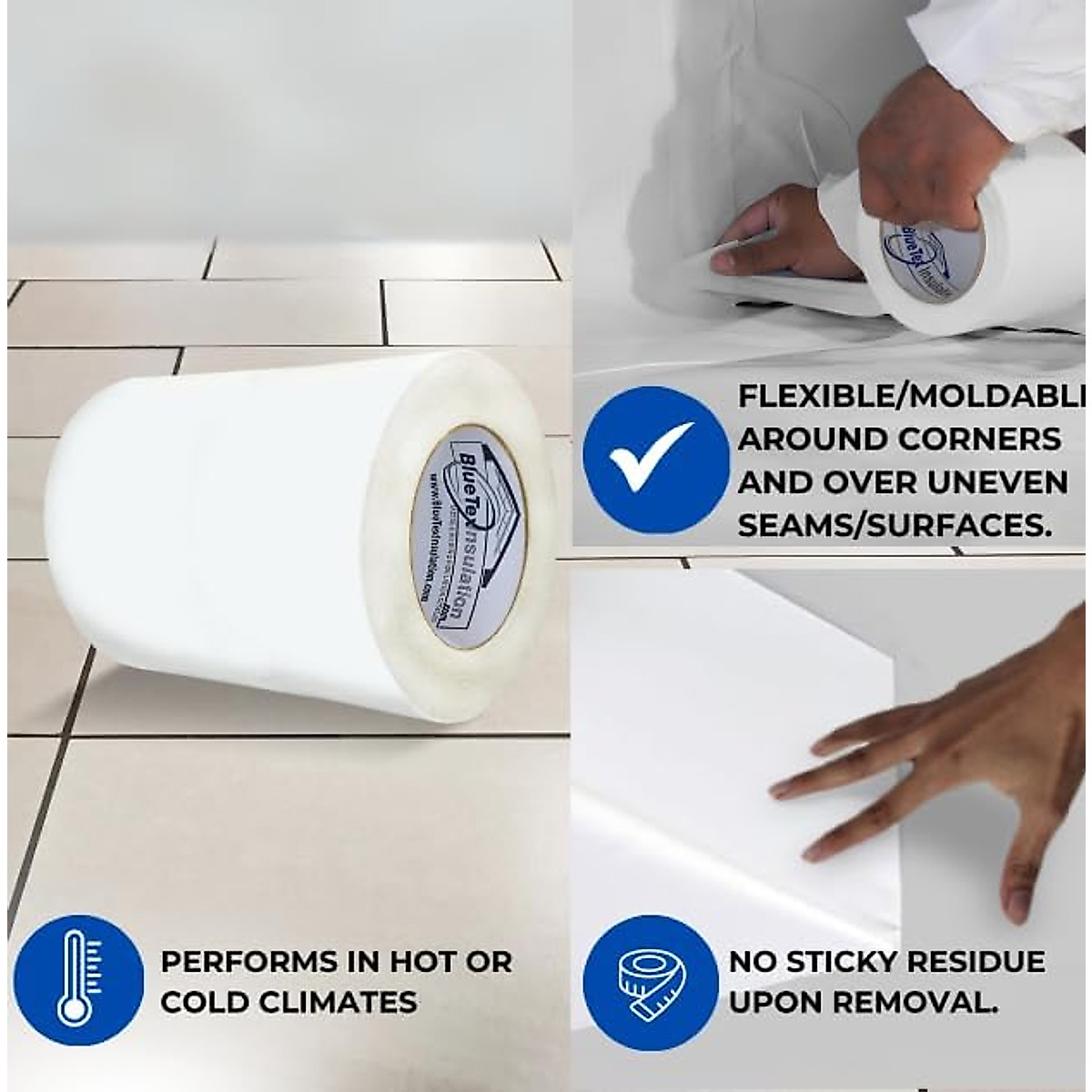 BlueTex Insulationㅤ 6" Wide x 180' Long White Vapor Barrier Seam Tape - 1 Roll Waterproofing and Great for Crawlspaces, Insulation Repair, Underlayment Seams, Metal Building Insulation Seams