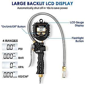 AstroAI Digital Tire Pressure Gauge, Heavy Duty Tire Inflator Gauge 250PSI Air Chuck Compressor Accessories with Stainless Braided Hose, Rotatable Dial&Quick Connect Coupler for Truck/RV/SUV