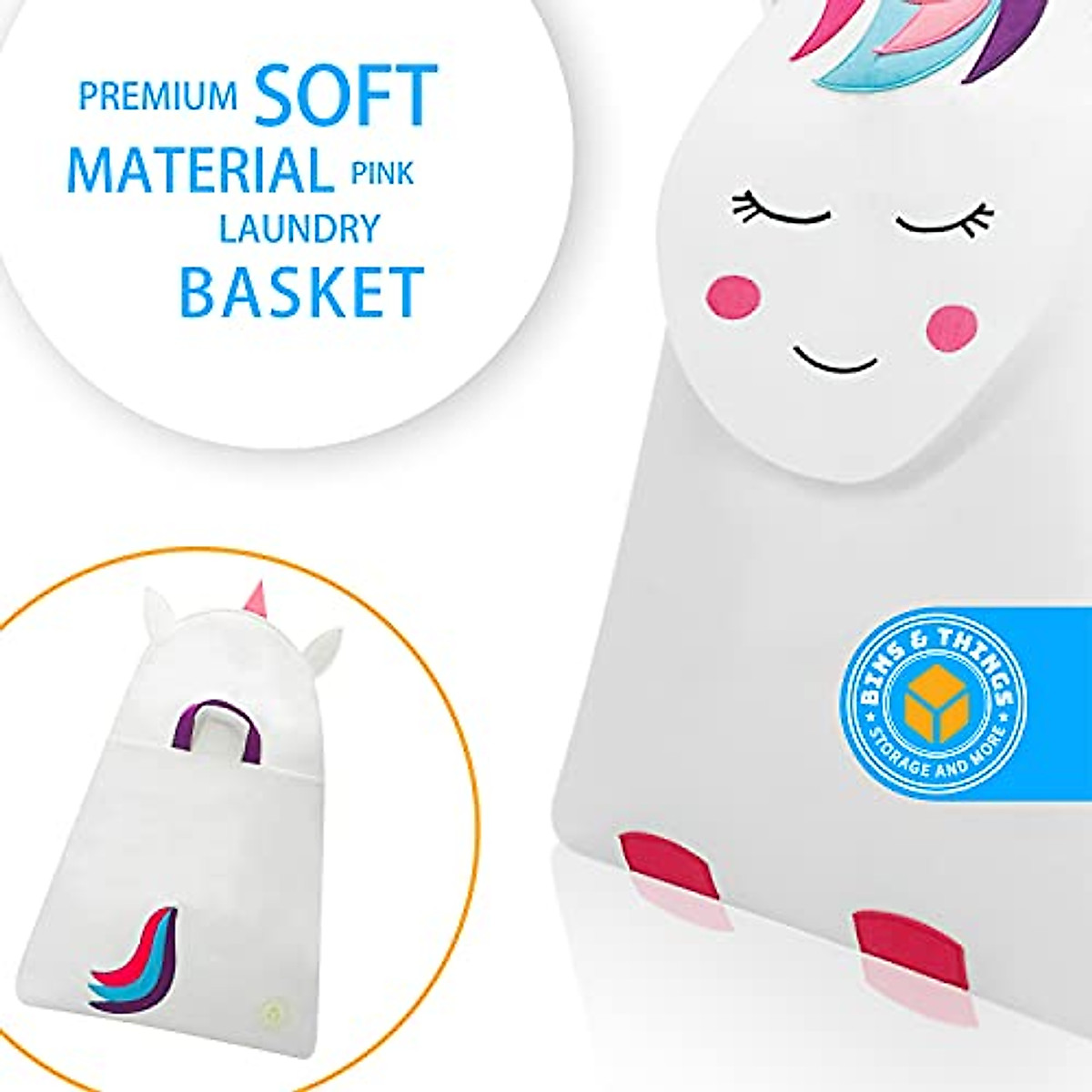 Bins & Things Unicorn Kids Nursery Laundry Hamper | Toy Organizer Basket | Baby Hamper | Baby Laundry Basket with Handles for Clothes, Toys - Storage Bin for Baby Boy or Girl