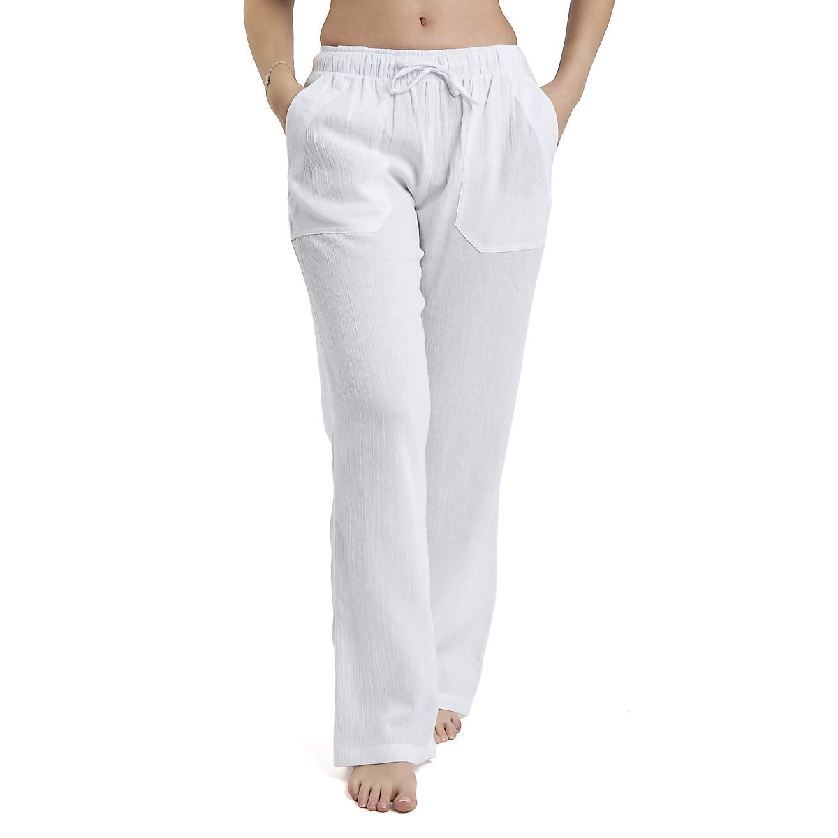 J CE Women's Cotton Gauze Low Waist Beach Pants with Pockets (White, XXXL)