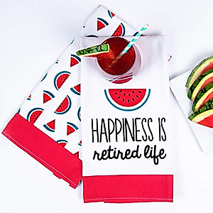 Pavilion Gift Company Pink Watermelon Patterned Tea Towel Set of 2 Happiness is Retire Life, 19.75 x 27.5 inch