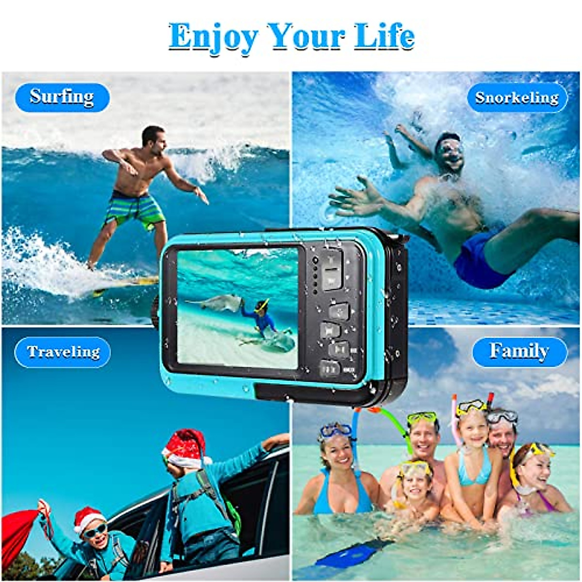 Waterproof Camera Compact Underwater Cameras 48MP 2.7K Full HD Video Recorder 10FT Selfie Dual Screens Waterproof Digital Camera for Snorkeling