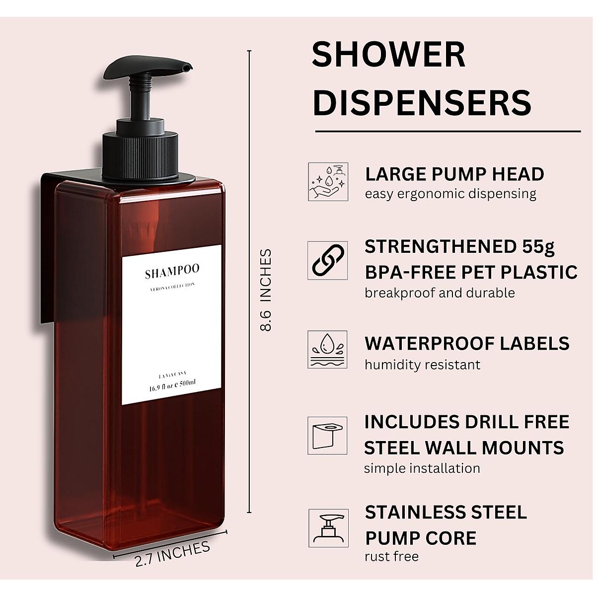 La Via Casa Shampoo and Conditioner Dispenser | 3 Plastic Amber 3 Wall Mount Black | Shampoo Dispenser with Waterproof Labels | No Drill | Shower Bottles Refillable with Pump