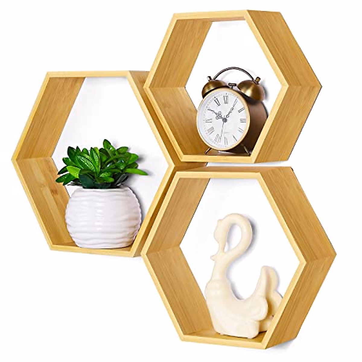 Floating Hexagon Shelves Set of 3 Hexagonal Storage Shelves Bedroom Bamboo Wall Honeycomb Floating Shelf Display Storage Rack for Wall Decor Hexagon Shelves for Living Room Hallway Farmhouse
