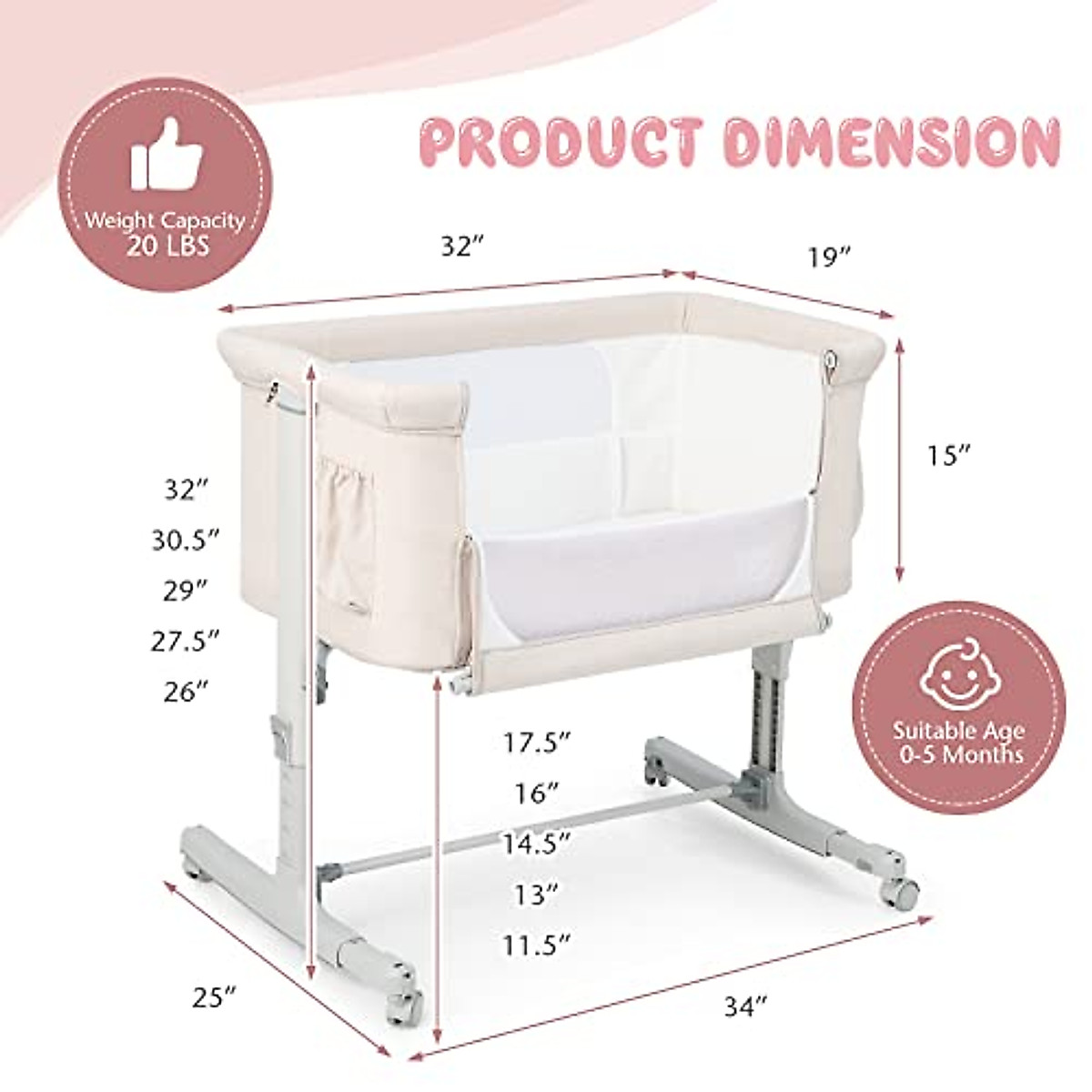 BABY JOY Bassinet Bedside Sleeper, 3 in 1 Folding Crib w/Adjustable Height, Mattress, Lockable Wheels, Storage Pocket & Carry Bag for Infant Newborn, Stationary & Rock, Portable Baby Bassinet (Beige)