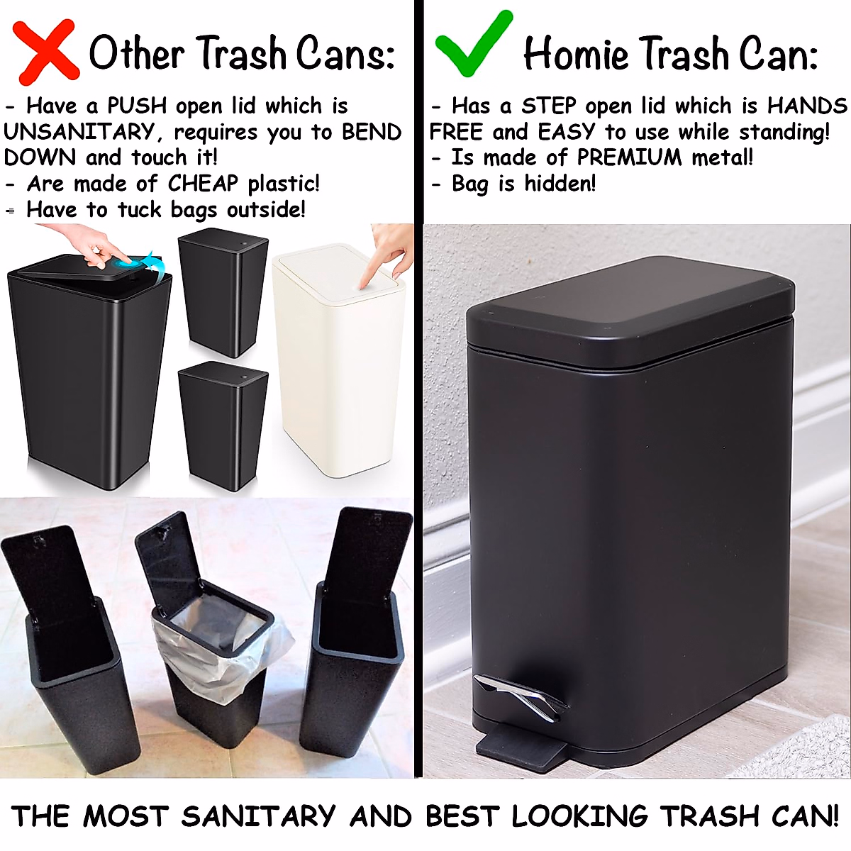 Homie Soft Close, Slim Trash Can 3.6 Gallon with Anti - Bag Slip Liner and Lid, Use as Mini Garbage Basket, Slim Dust Bin, or Decor in Bathroom, Restroom, Kitchen, or Bedroom (Matte Black)