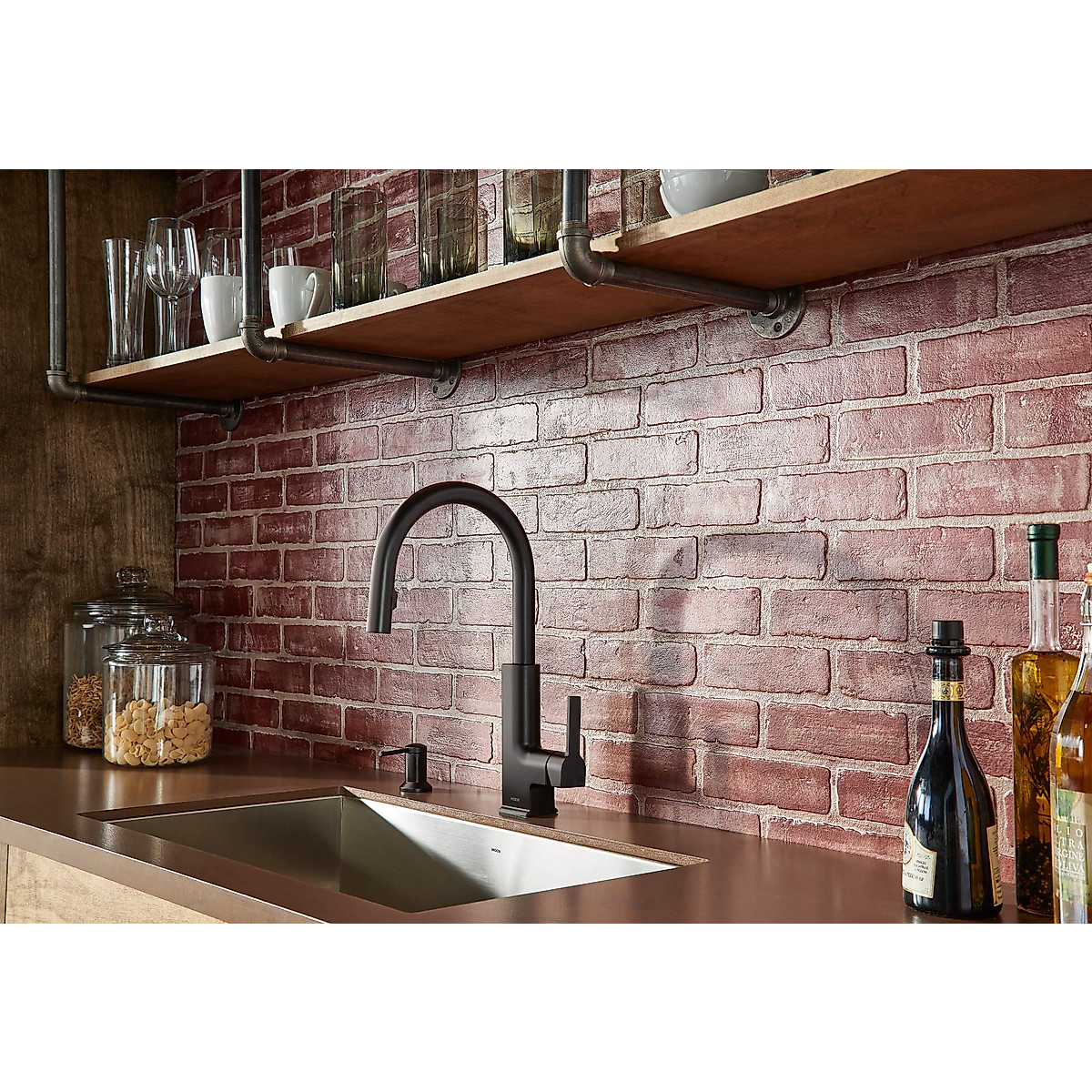 Moen 7864BL Sleek One-Handle High Arc Pulldown Kitchen Faucet Featuring Reflex (7864BL), Matte Black with Kitchen Soap and Lotion Dispenser