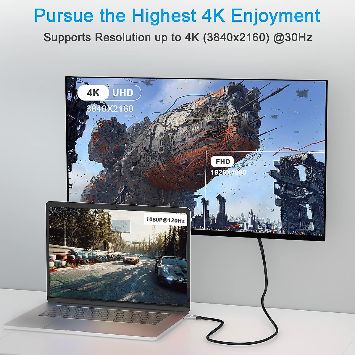 PEUZAVA 4K DisplayPort to HDMI Cable 6ft, Premium DP to HDMI Braided High Speed Cord Compatible with Computer Desktop Laptop PC Monitor Projector HDTV