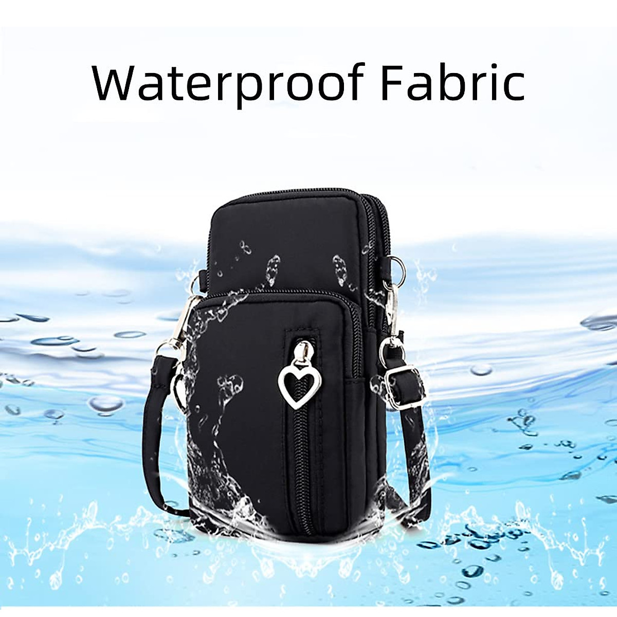 JUMISEE 3-Layers Crossbody Bag Cellphone Pouch Armband Wallet Nylon Smartphone Purse (Black)