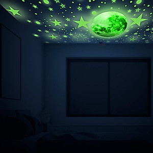 Glow in The Dark Stars for Ceiling,Glow in The Dark Stars and Moon Wall Decals, 1108 Pcs Ceiling Stars Glow in The Dark Kids Wall Decors, Perfect for Kids Nursery Bedroom Living Room(Sky Blue) (Green)