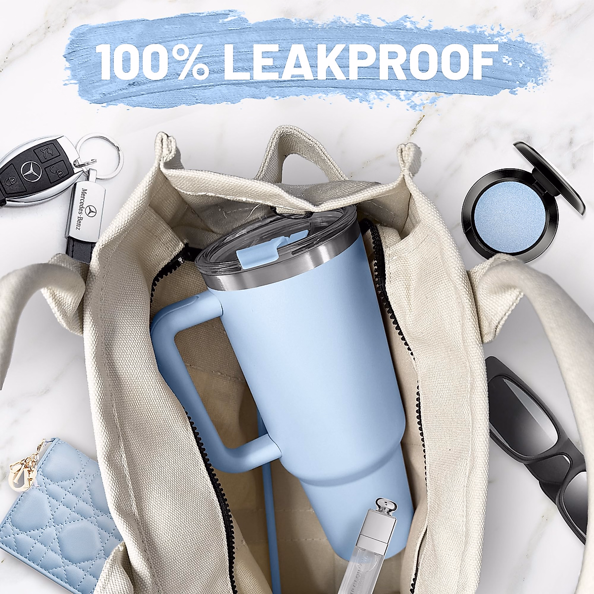 Crave Cups 40oz Tumbler with Lid and Straw l Reusable Spill Proof Double Wall Insulated Stainless Steel Water Bottle Travel Mug l Cupholder Friendly Vacuum Sealed Tumbler with Handle (Chambray)