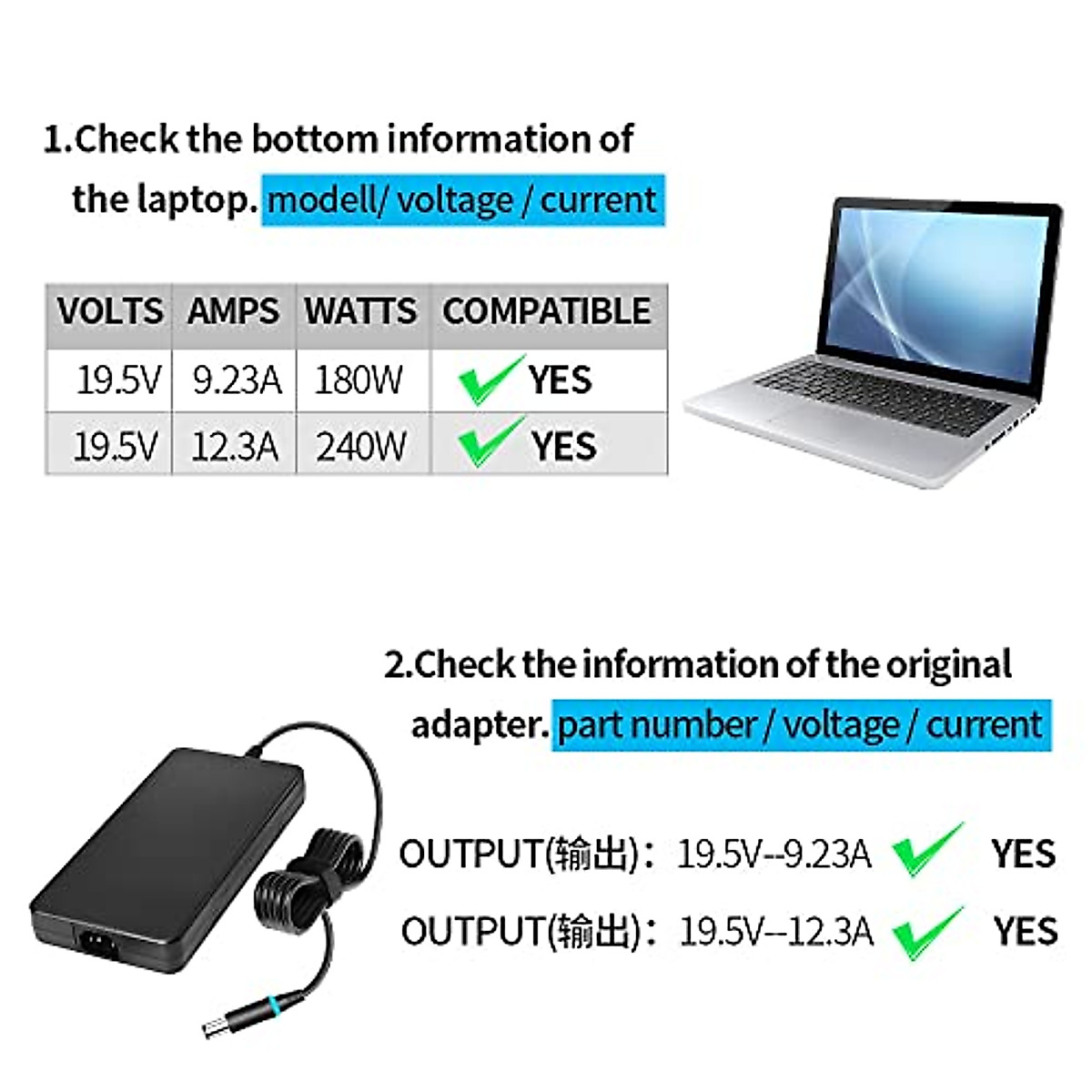Compatible with Dell 240W AC Adapter, Dell Alienware M15 M17 R1 R2 R3 R4 R5 Alienware 13 15 17 X51 M17X M18X Area-51m R2 G5 G7 GA240PE1-00 J211H Precision M6800 M6500 6600 6700 6400 Power Supply Cord