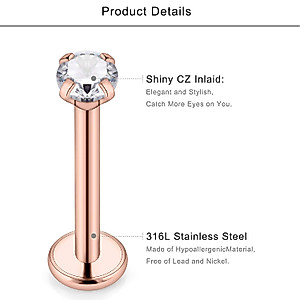 Lcolyoli Lip Ring 16G 316L Stainless Steel Labret Monroe Barbell 3mm Round CZ Gem Heart Cartilage Helix Tragus Nose Stud Piercing Jewelry for Women Men 12PCS Ball with Flat Back Rose Gold