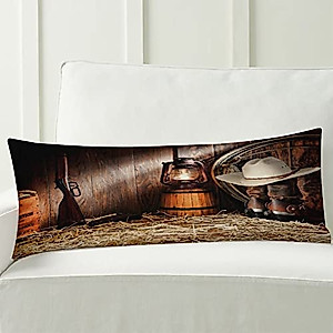 Body Pillow Cover,Western Theme Rodeo Cowboy Boots Hat Gun Lantern Printed Long Pillow Cases Protector with Zipper Decor Soft Large Covers Cushion for Beding,Couch,Sofa,Home Gift 20"x54"