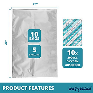 Dry-Packs 10 5 Gallon Mylar Bags with Oxygen Absorbers for Food Storage, 2000cc Oxygen Absorber, Long Term Food Storage Solution, Durable and Reliable Mylar Bags, 20"x30" Silver