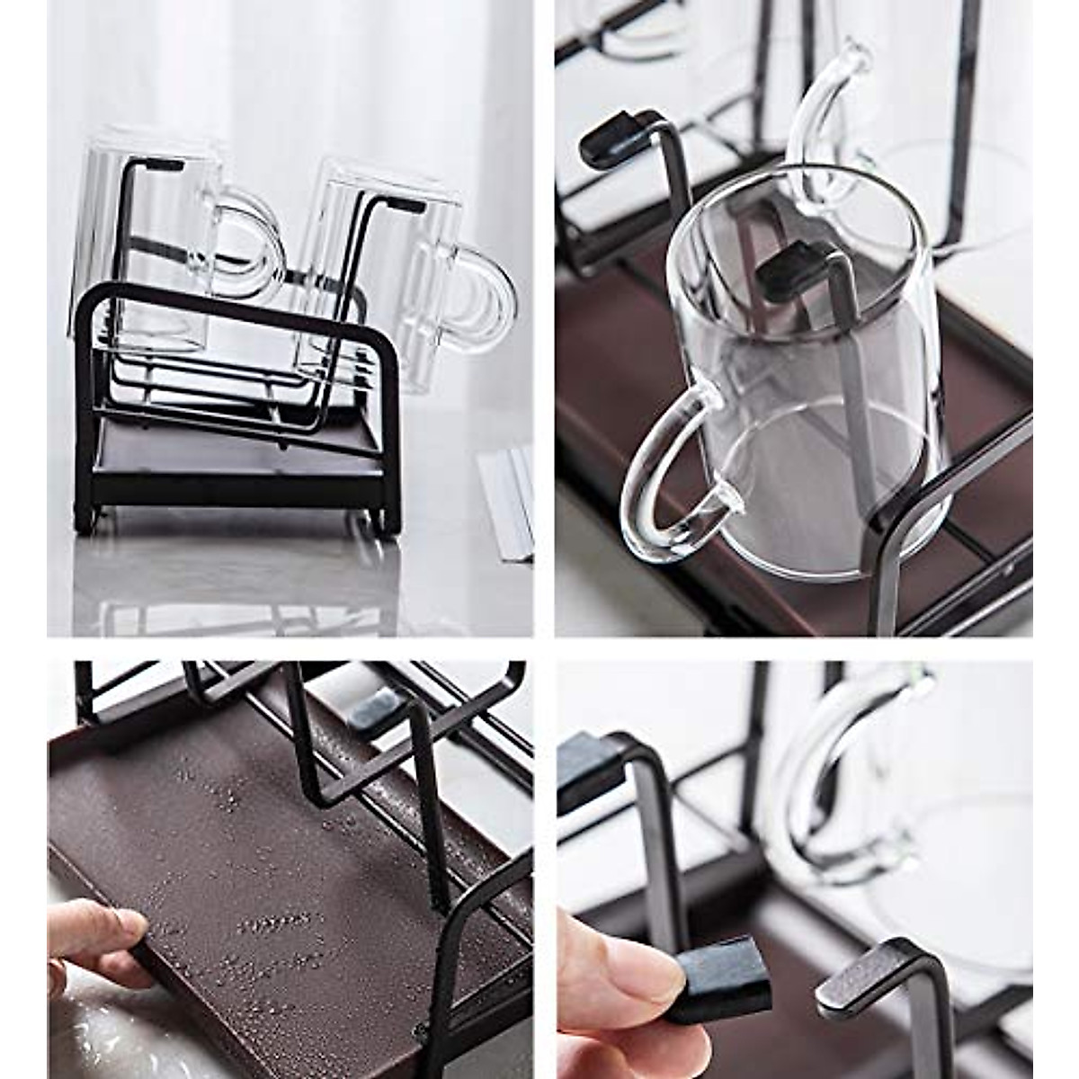 YEAVS Cup Drying Rack with Drain Tray, Bottle Drying Rack Stand with 6 Hooks, Mug Organizer, Brown