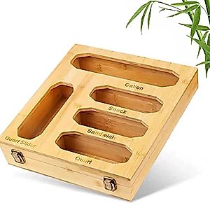 Sandwich Baggie Organizer, 5 Slots Ziplock Bag Storage Organizer, Bamboo Ziplock Bag Storage Organizer, for Kitchen Drawer & Wall Mount, Suitable for Gallon, Quart, Sandwich, and Snack Bags