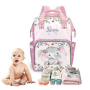 bliblisa Personalized Elephant Floral Pink Diaper Bag Backpack Tote with Name,customized Travel Nappy Mommy Bag Backpack