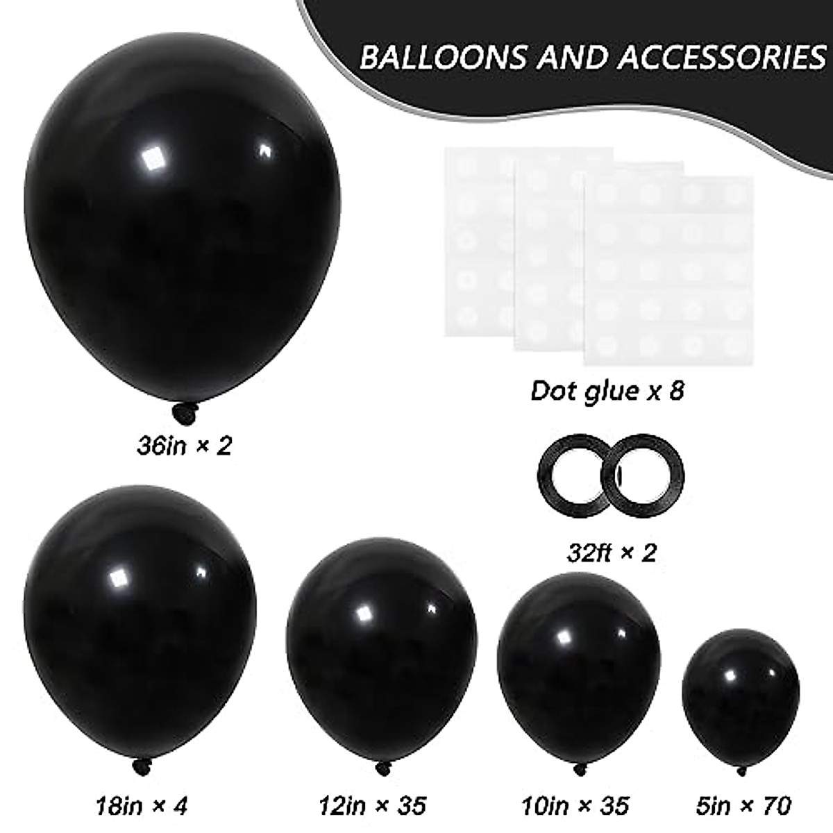 RUBFAC Black Balloons, 146 pcs Different Sizes Pack of 36 18 12 10 5 Inch for Balloon Garland or Balloon Arch as Graduation Wedding Birthday Baby Shower Anniversary Party Decorations