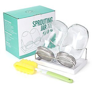 Seed Sprouting Jar Kit | 2 Wide Mouth Mason Jars & Stainless Steel Screen Lids,Tray,Stand and Canning Brush | Sprouter Set to Grow Broccoli, Alfalfa,Organic Microgreens Sprouts & Mung Bean (White)