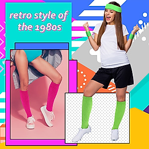 Whaline 10Pcs 90s Neon Party Headband Wristbands Slouch Socks Set Stretchy Cotton Knit Green Rose Red Knee High Socks Sweatbands 80s Style Women Girls Sport Accessories for Yoga Tennis Running