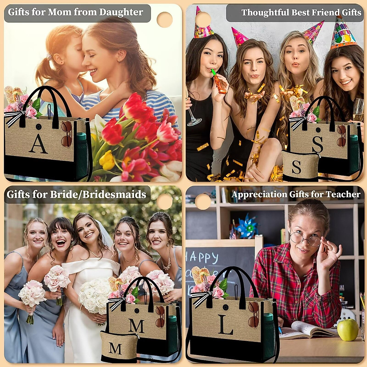 YOOLIFE Initial Jute Tote Bag Gifts for Her - Graduation Gift Beach Tote Bags for Women Teacher Gifts Birthday Wedding Bridesmaid Proposal Gifts Personalized Gifts for Women Friends Gifts Monogram I