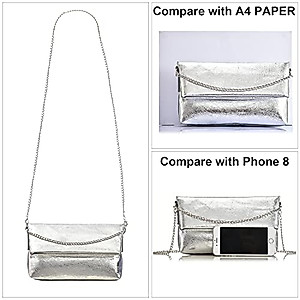 WOO Foldover Evening Clutch Bag Soft Metallic PU Shoulder Crossbody Tote Bag for Different Parties Mini Pouch, Silver